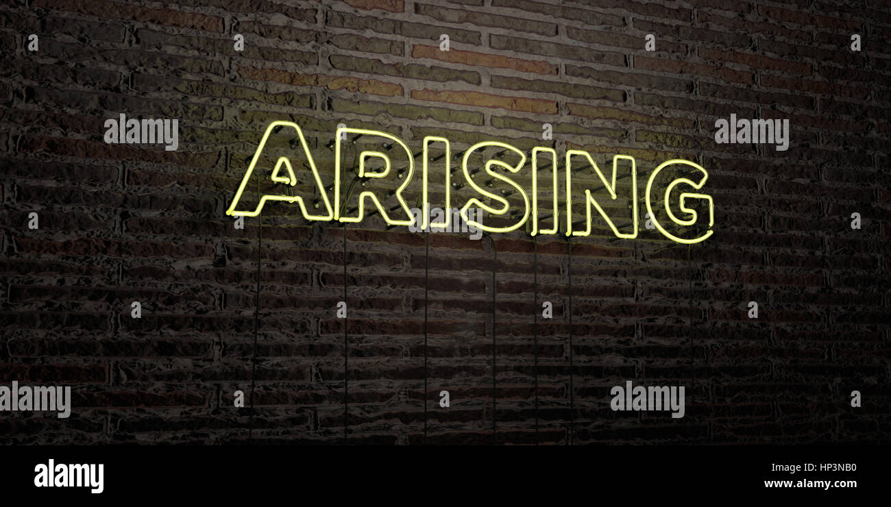 ARISING -Realistic Neon Sign on Brick Wall background - 3D rendered ...