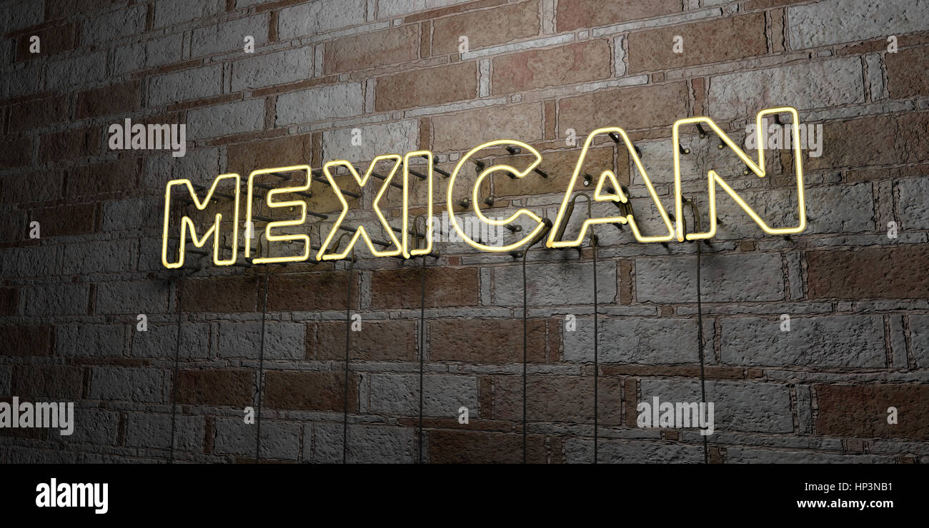 MEXICAN - Glowing Neon Sign on stonework wall - 3D rendered royalty ...