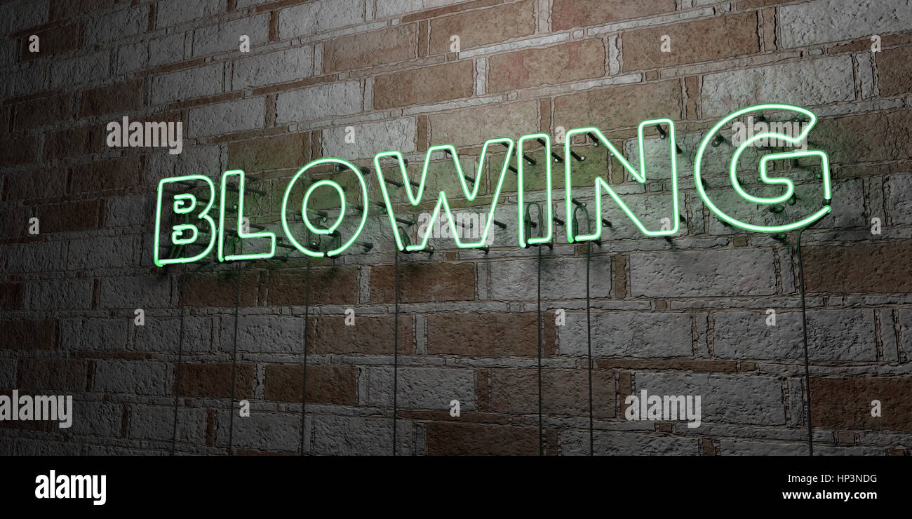 BLOWING - Glowing Neon Sign on stonework wall - 3D rendered royalty ...