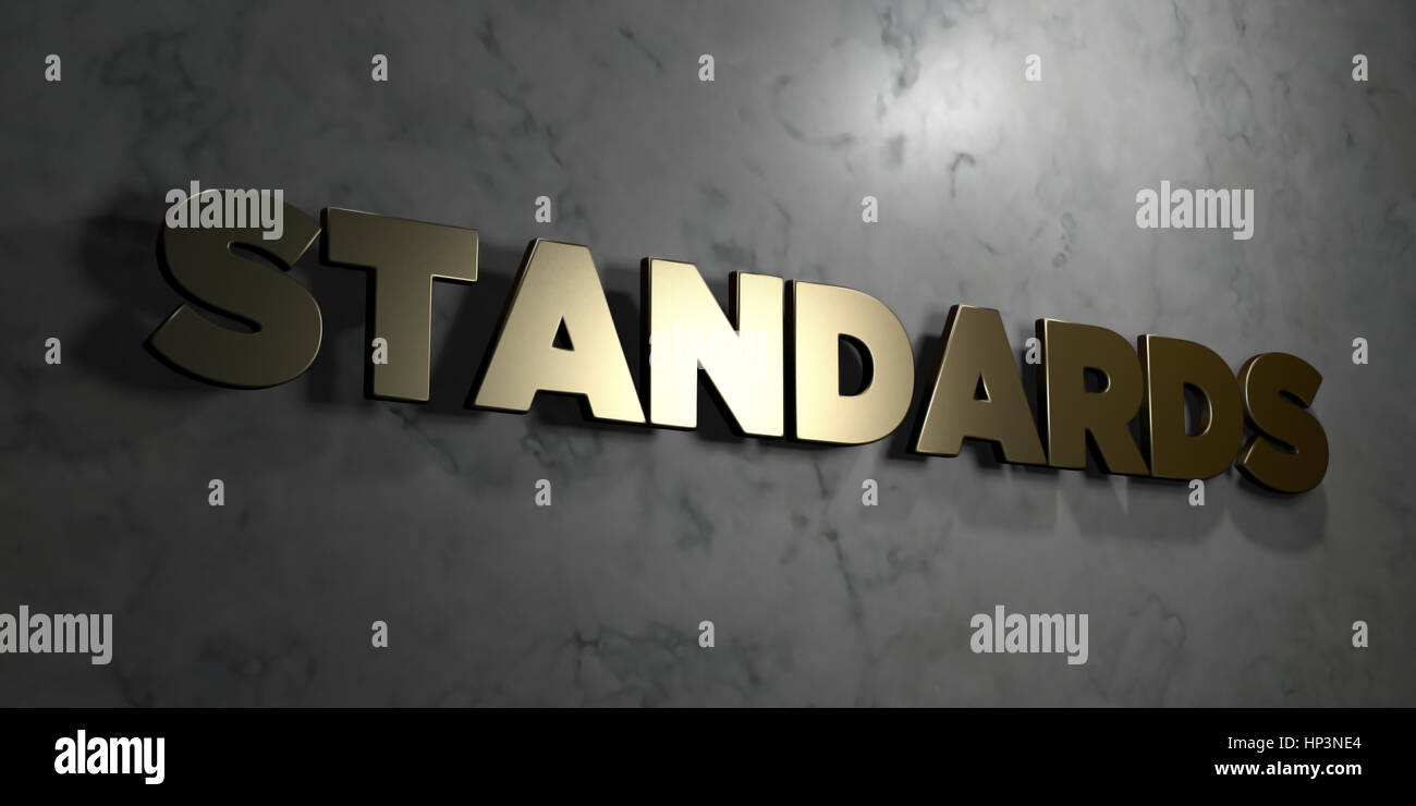 Standards - Gold sign mounted on glossy marble wall - 3D rendered ...