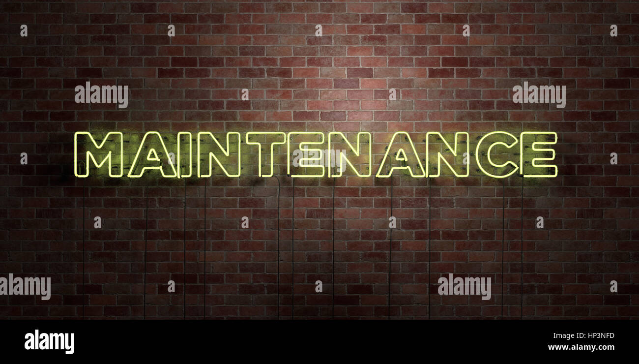 MAINTENANCE - fluorescent Neon tube Sign on brickwork - Front view - 3D ...