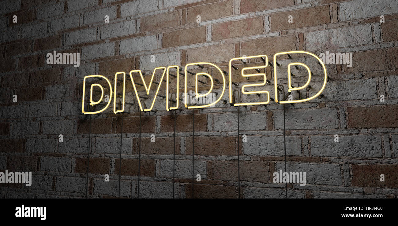 DIVIDED - Glowing Neon Sign on stonework wall - 3D rendered royalty ...