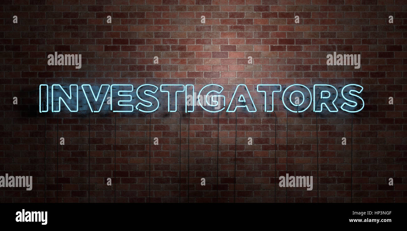 INVESTIGATORS - fluorescent Neon tube Sign on brickwork - Front view ...