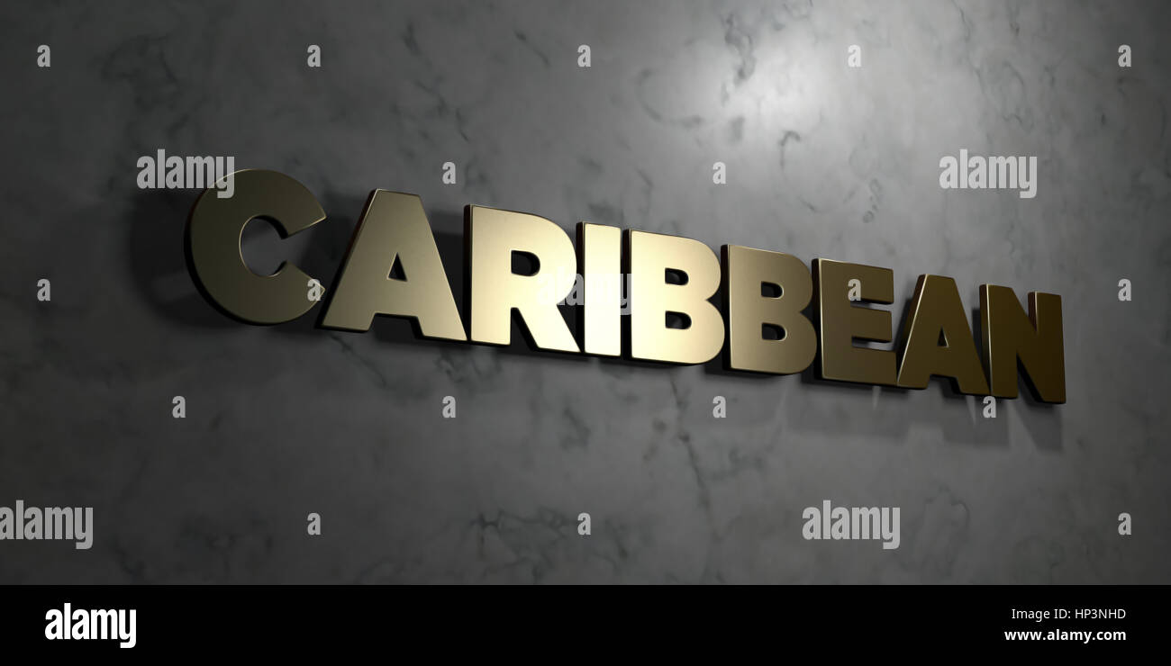 Caribbean - Gold sign mounted on glossy marble wall - 3D rendered ...