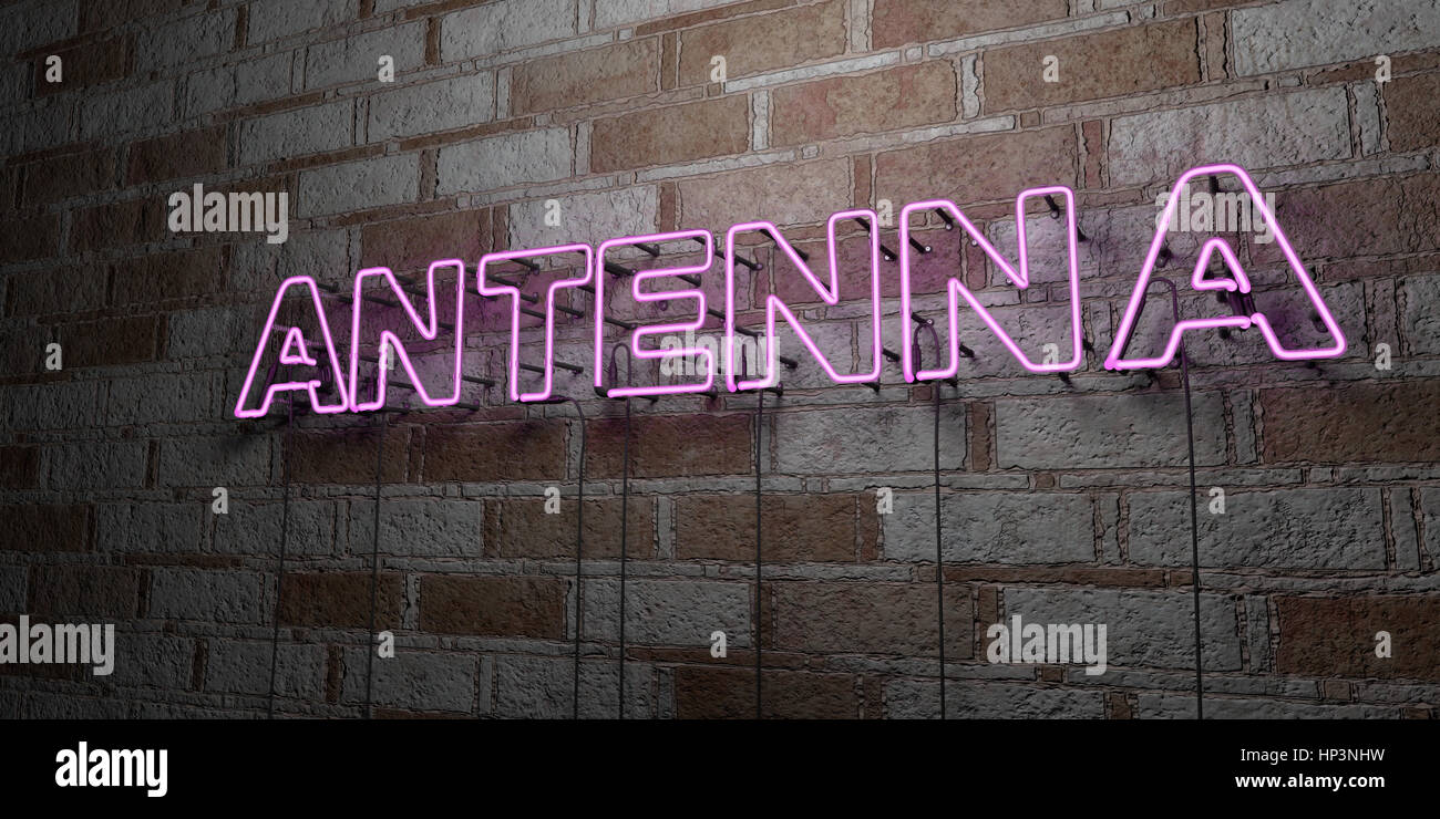 ANTENNA - Glowing Neon Sign on stonework wall - 3D rendered royalty ...