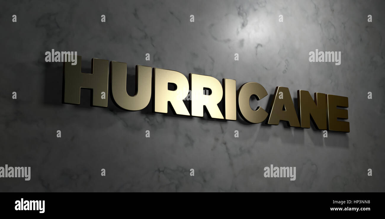 Hurricane - Gold sign mounted on glossy marble wall - 3D rendered ...