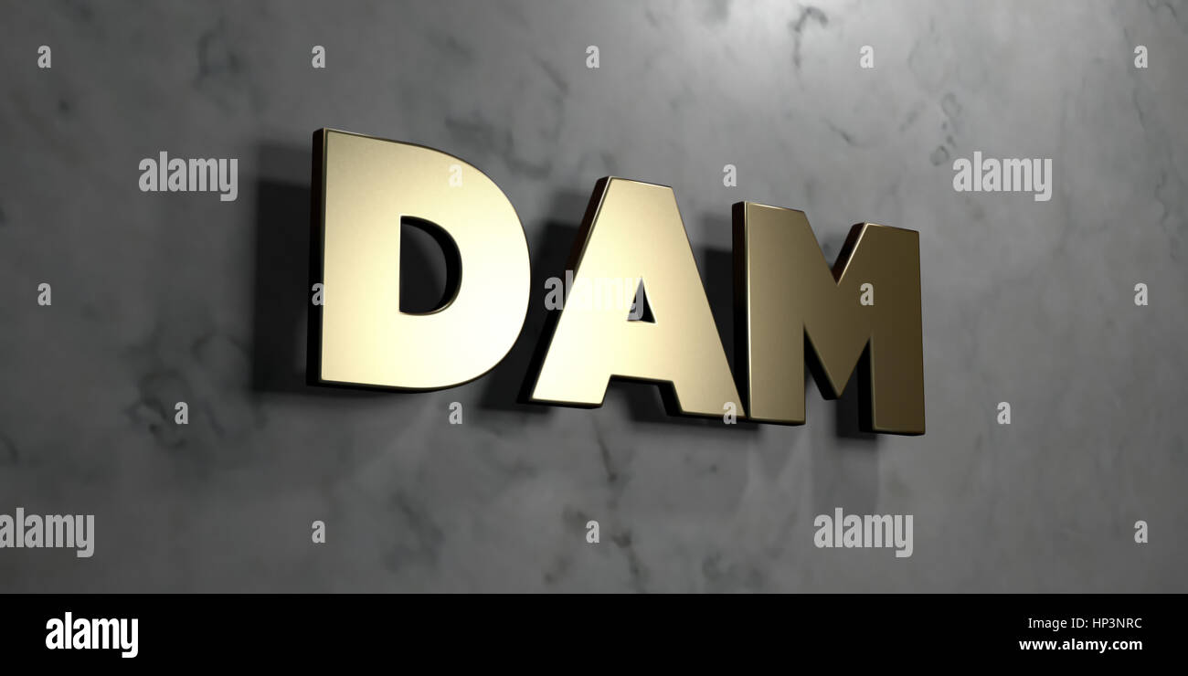 Dam - Gold sign mounted on glossy marble wall - 3D rendered royalty ...