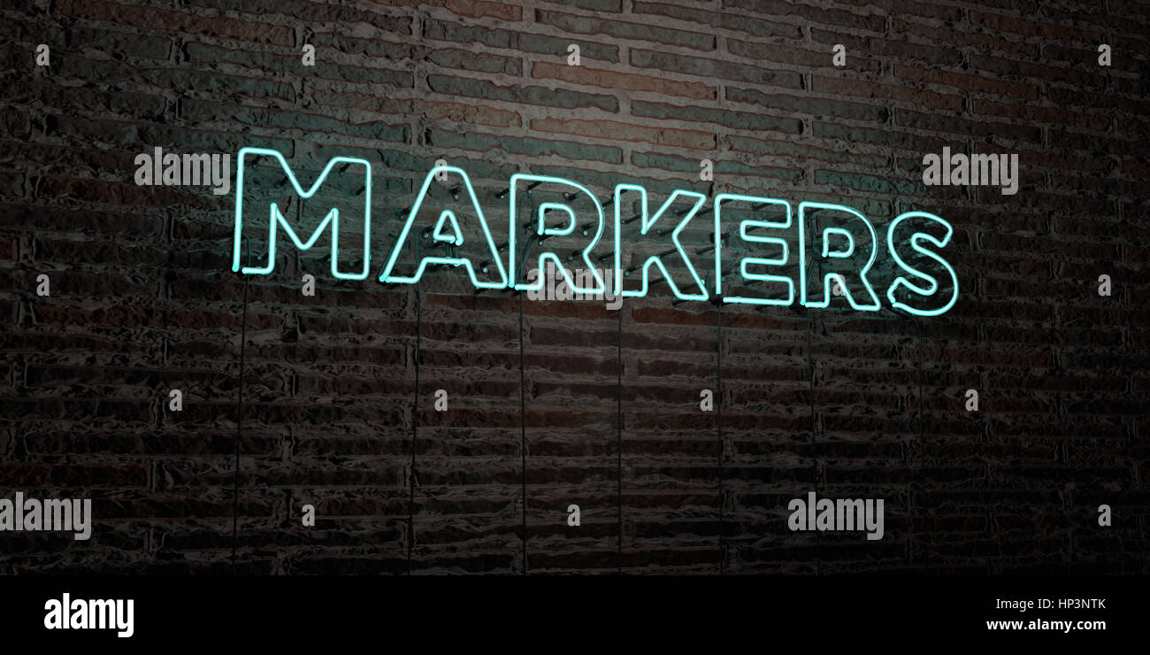 MARKERS -Realistic Neon Sign on Brick Wall background - 3D rendered ...