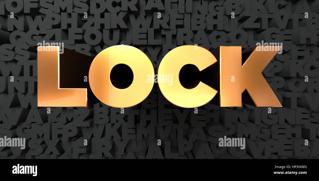 Lock - Gold text on black background - 3D rendered royalty free stock ...