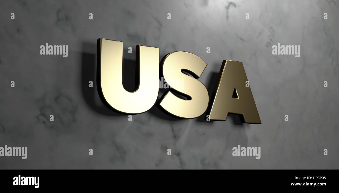 Usa - Gold sign mounted on glossy marble wall - 3D rendered royalty ...