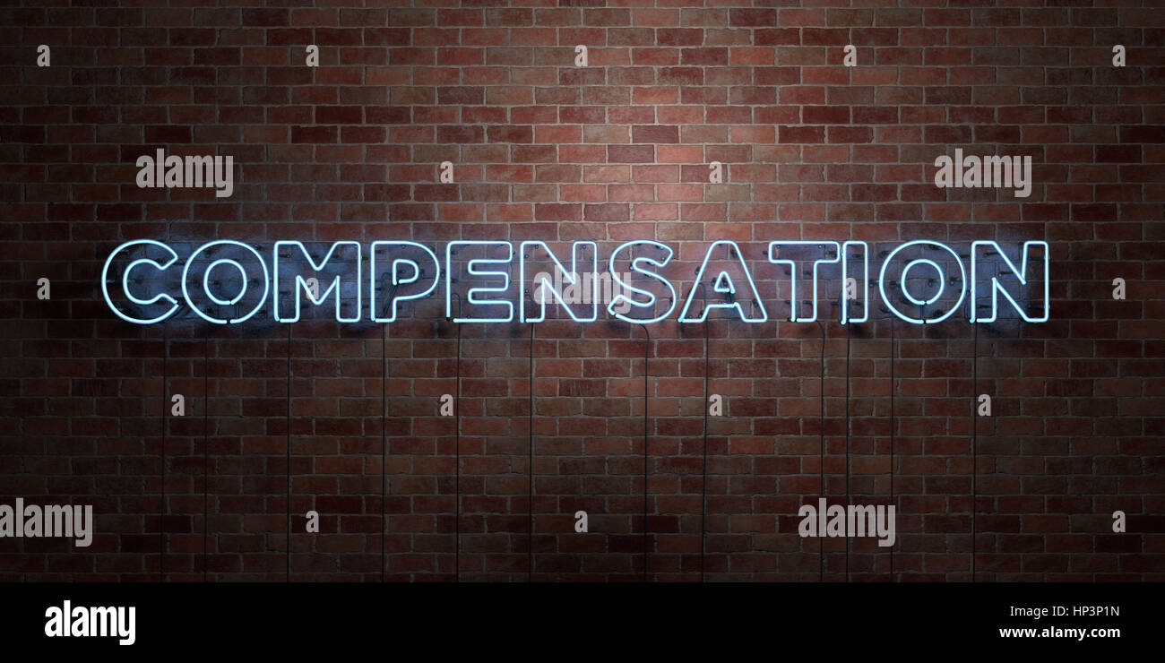 COMPENSATION - fluorescent Neon tube Sign on brickwork - Front view ...