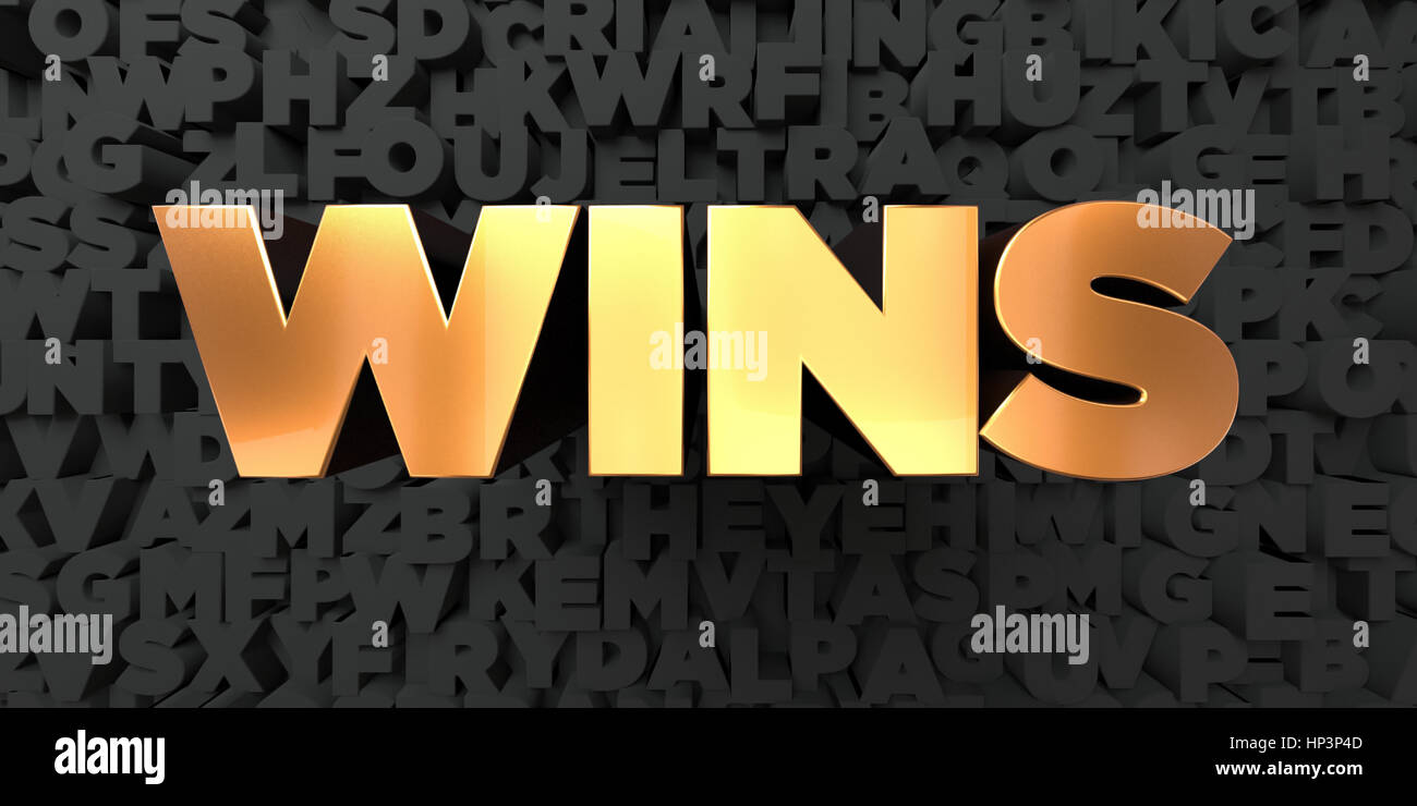 Wins - Gold text on black background - 3D rendered royalty free stock ...