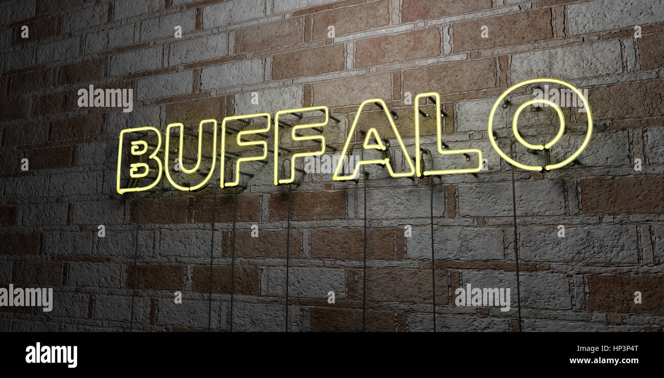 BUFFALO - Glowing Neon Sign on stonework wall - 3D rendered royalty ...