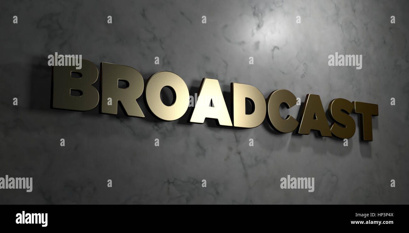 Broadcast - Gold sign mounted on glossy marble wall - 3D rendered ...
