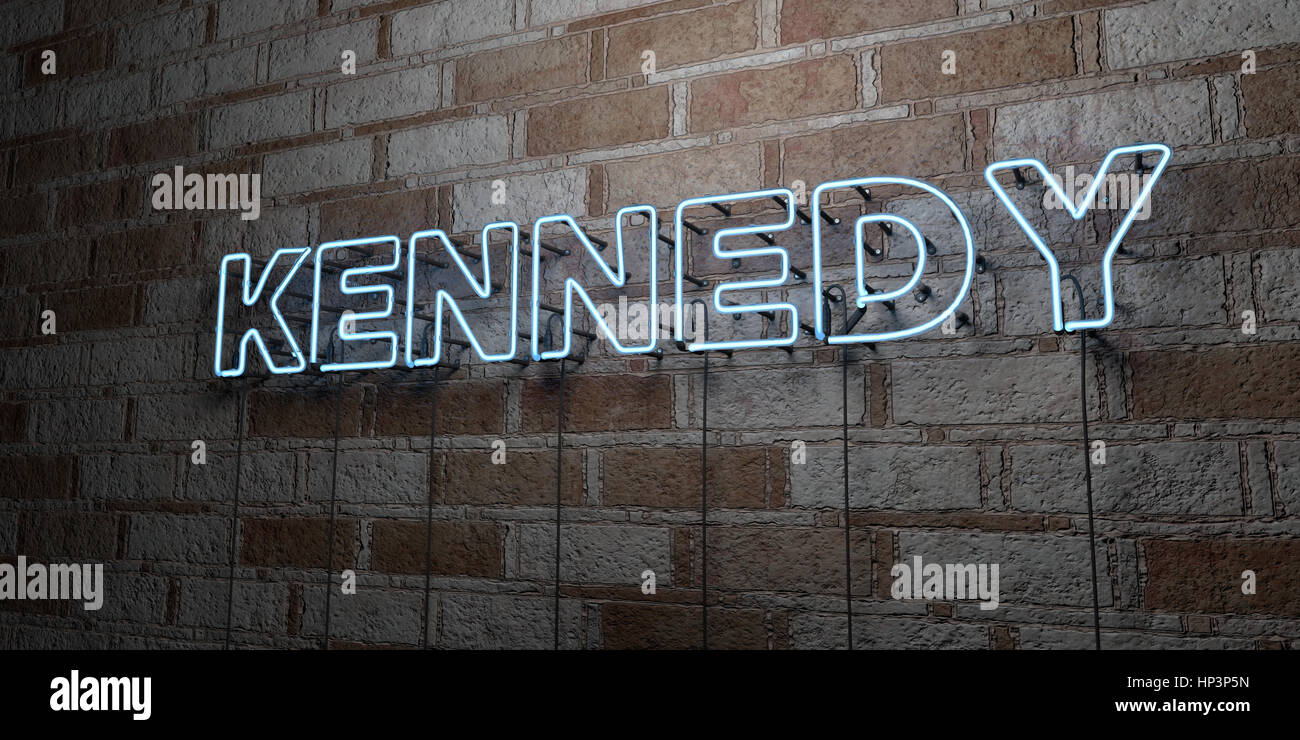KENNEDY - Glowing Neon Sign on stonework wall - 3D rendered royalty ...