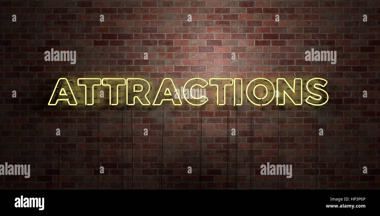 ATTRACTIONS - fluorescent Neon tube Sign on brickwork - Front view - 3D ...