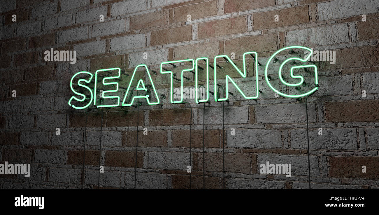 SEATING - Glowing Neon Sign on stonework wall - 3D rendered royalty ...