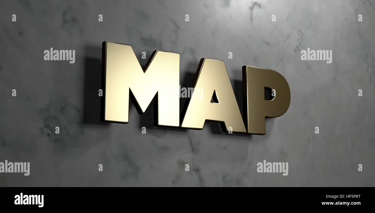 Map - Gold sign mounted on glossy marble wall - 3D rendered royalty ...