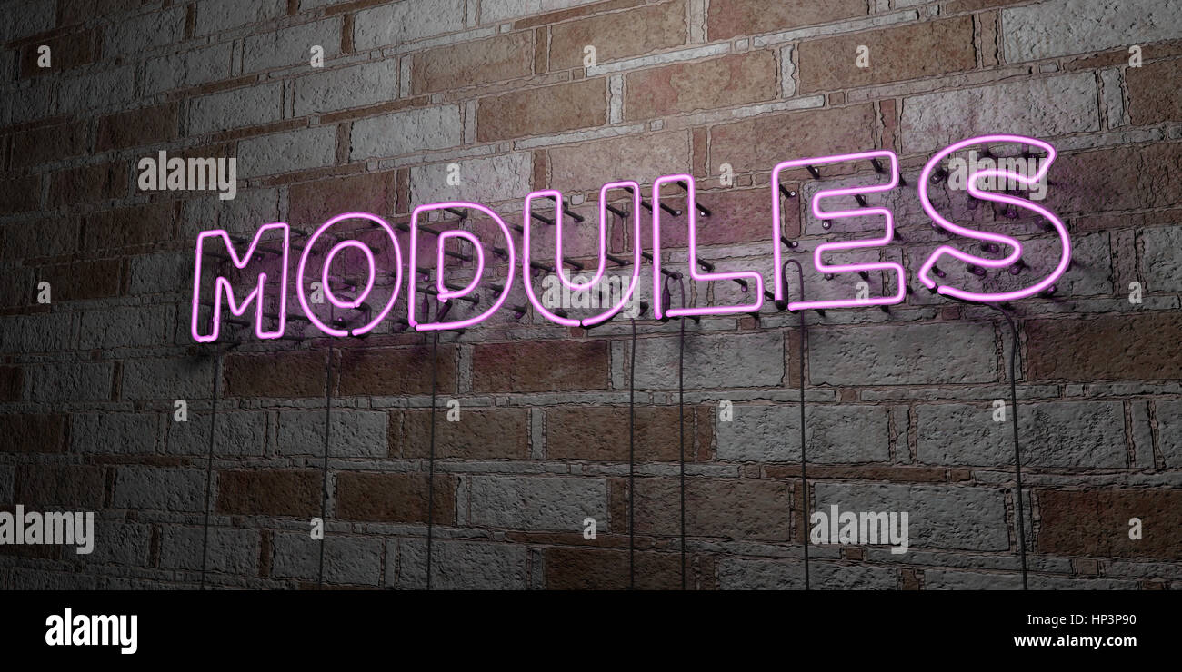 MODULES - Glowing Neon Sign on stonework wall - 3D rendered royalty ...