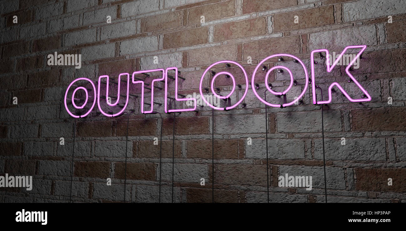 OUTLOOK - Glowing Neon Sign on stonework wall - 3D rendered royalty ...