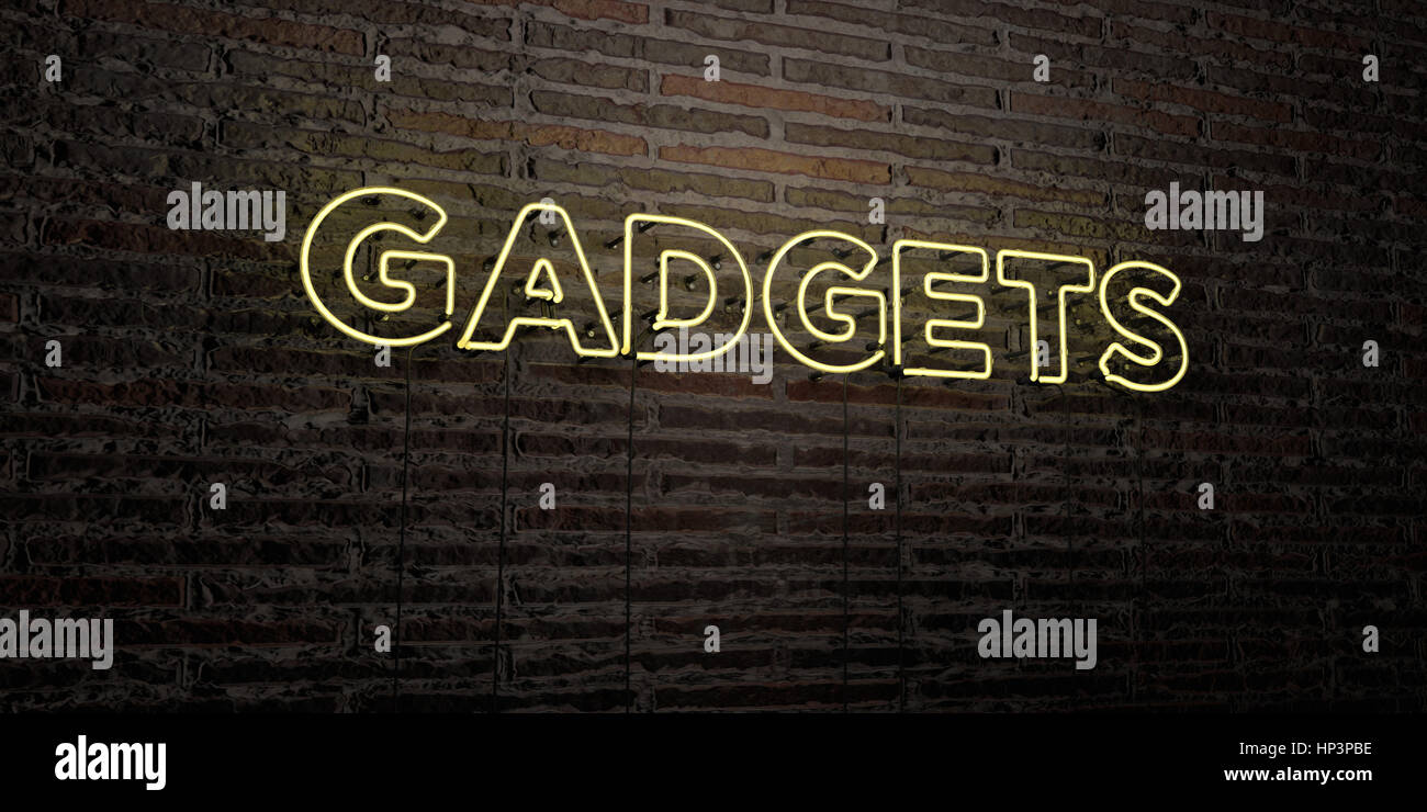 GADGETS -Realistic Neon Sign on Brick Wall background - 3D rendered ...