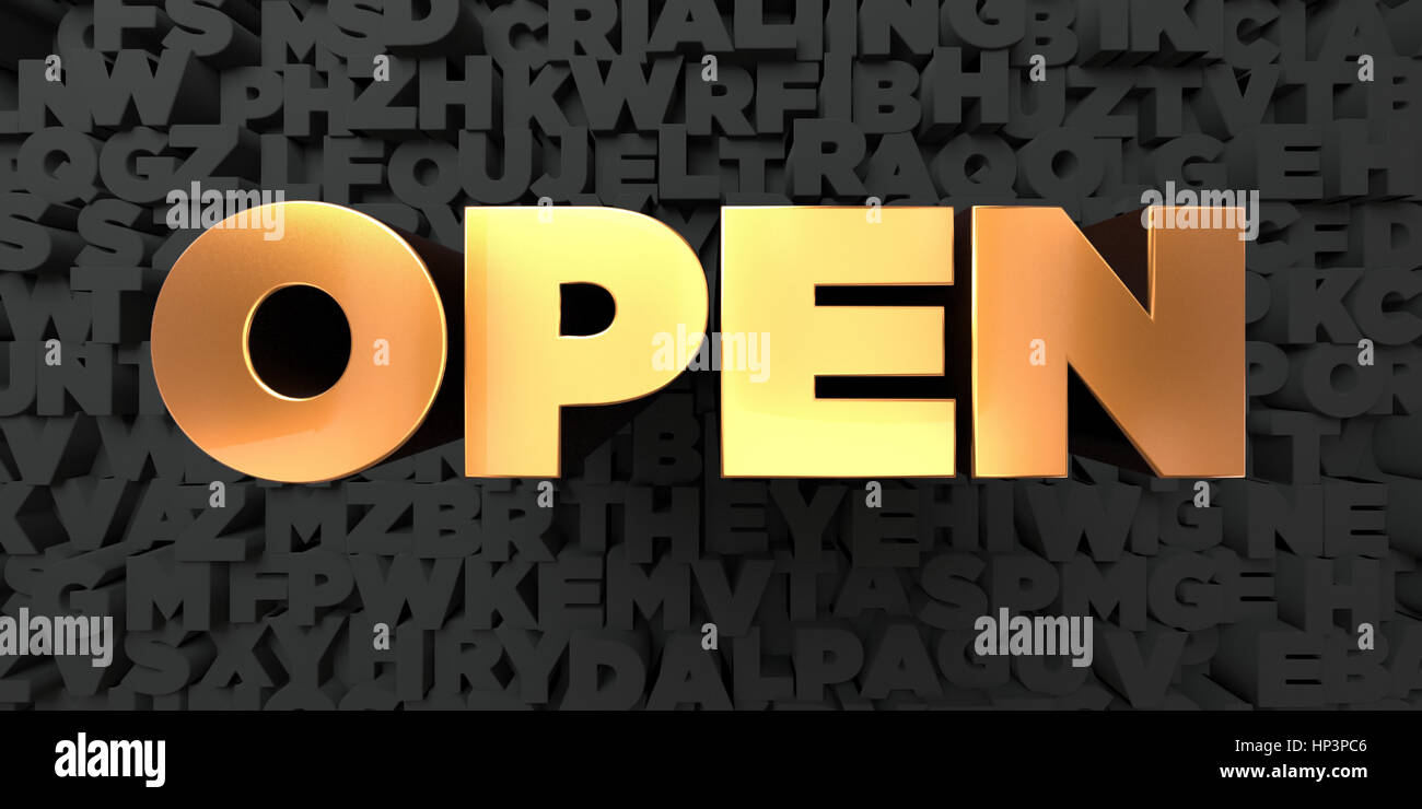 Open - Gold text on black background - 3D rendered royalty free stock ...