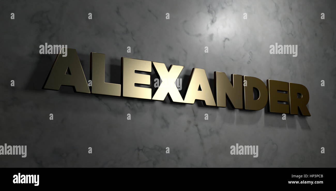 Alexander - Gold sign mounted on glossy marble wall - 3D rendered ...