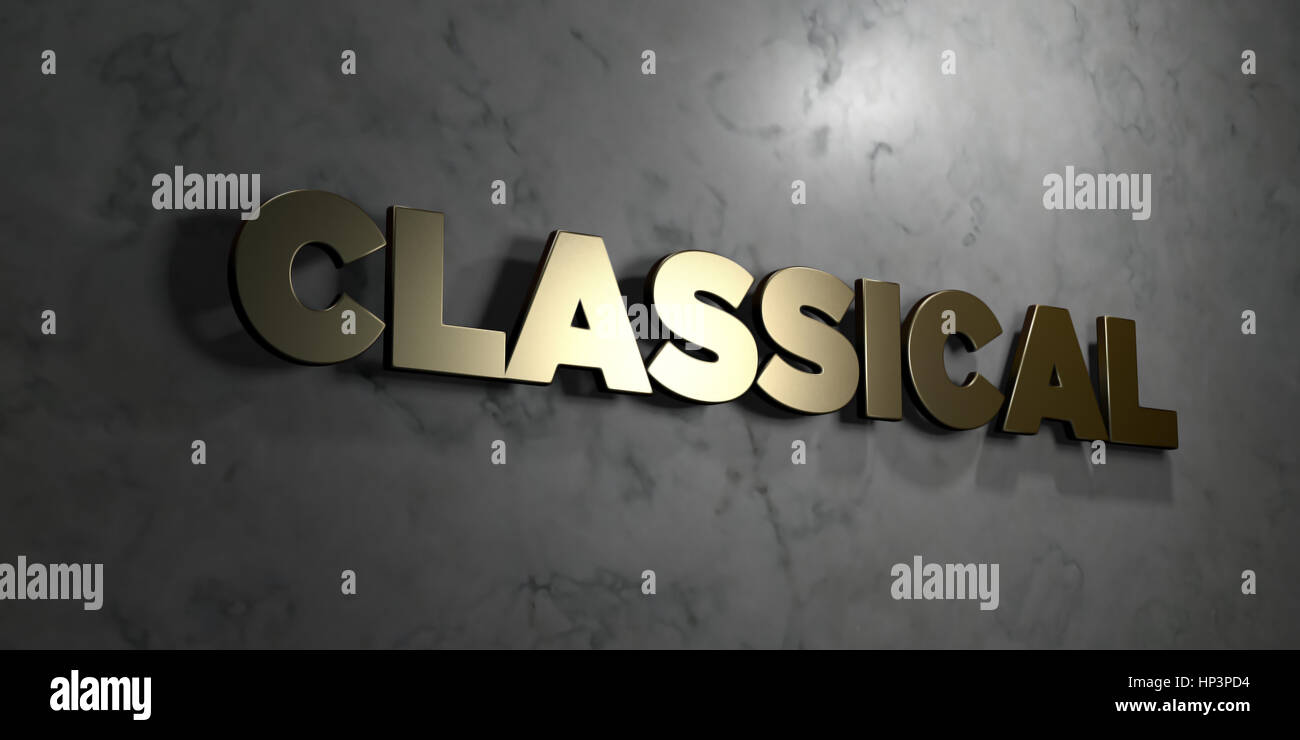 Classical - Gold sign mounted on glossy marble wall - 3D rendered ...
