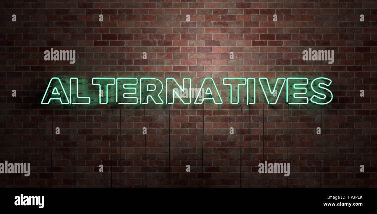 ALTERNATIVES - fluorescent Neon tube Sign on brickwork - Front view ...