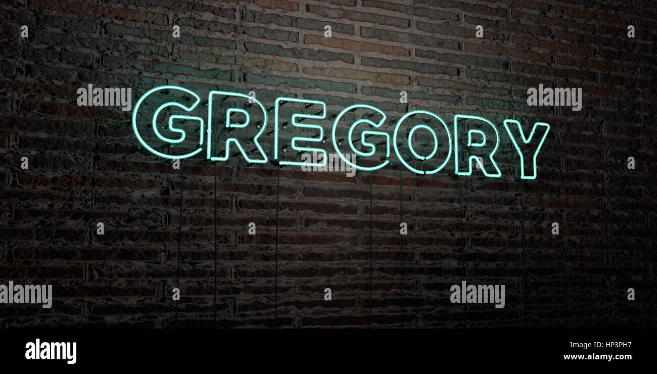 GREGORY -Realistic Neon Sign on Brick Wall background - 3D rendered ...