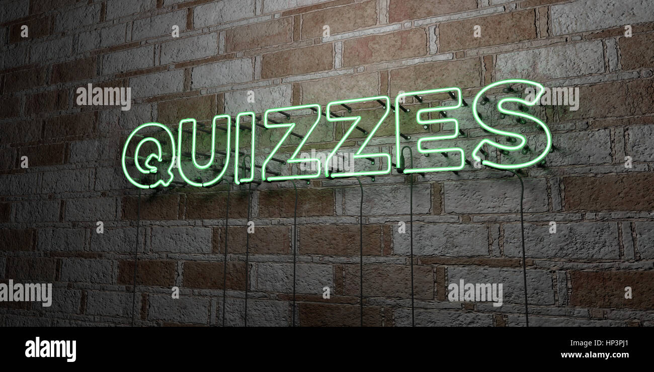 QUIZZES - Glowing Neon Sign on stonework wall - 3D rendered royalty ...
