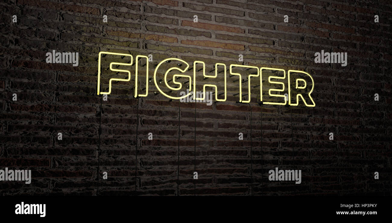FIGHTER -Realistic Neon Sign on Brick Wall background - 3D rendered ...