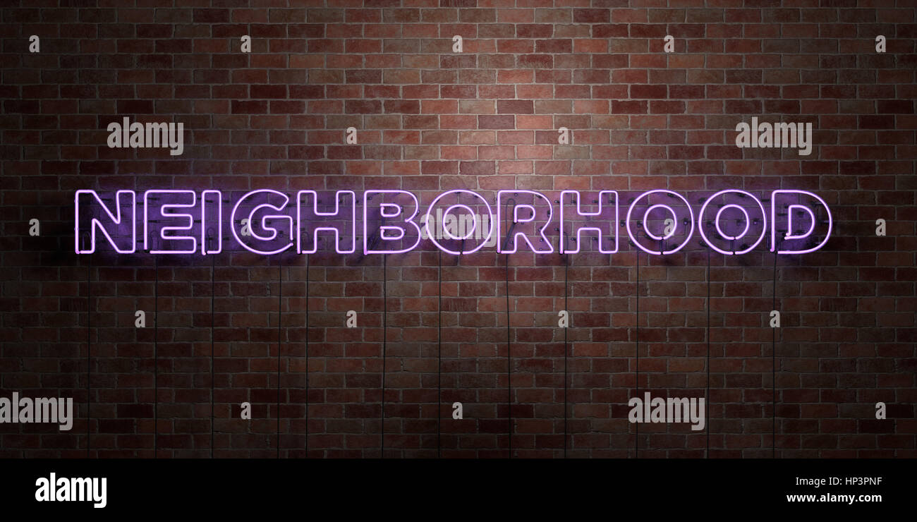 NEIGHBORHOOD - fluorescent Neon tube Sign on brickwork - Front view ...