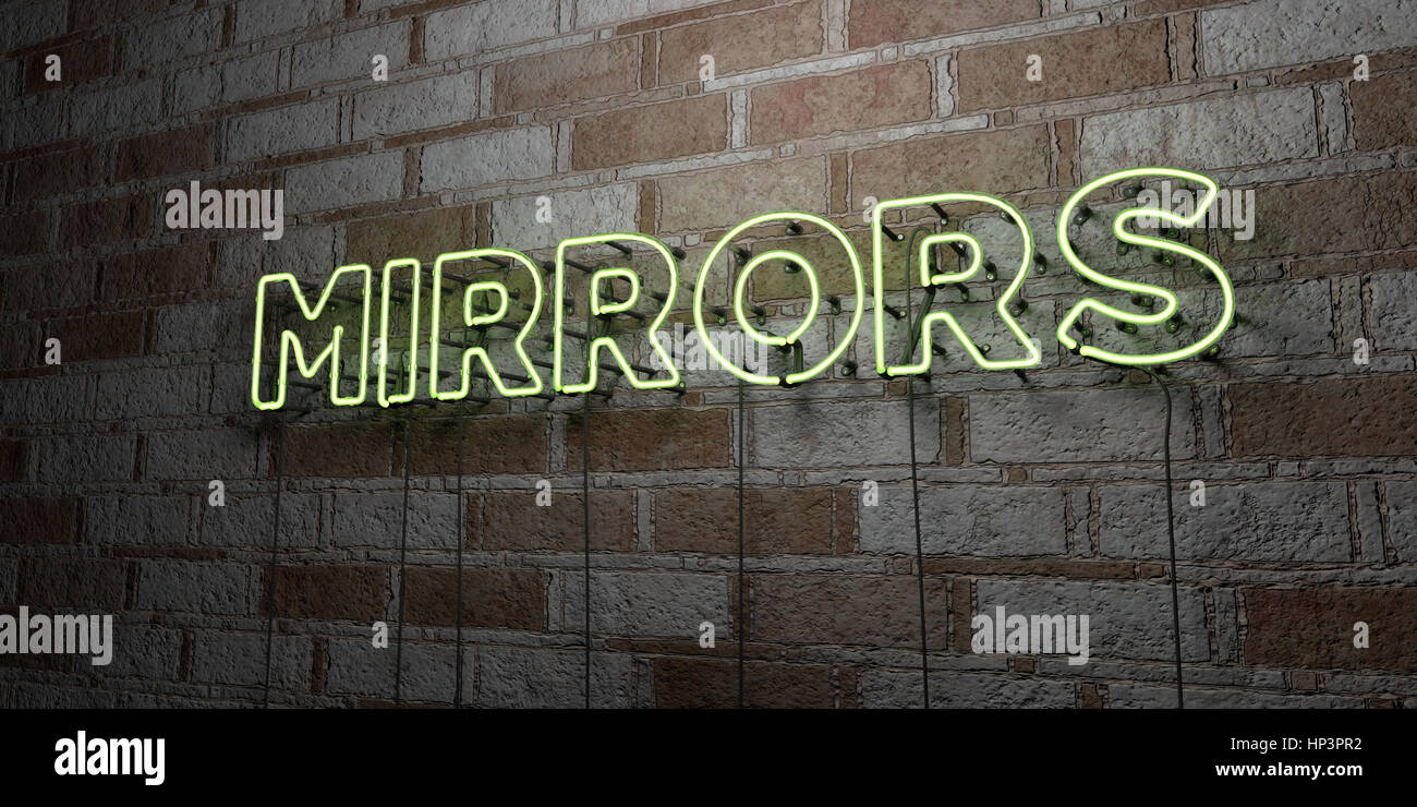 MIRRORS - Glowing Neon Sign on stonework wall - 3D rendered royalty ...