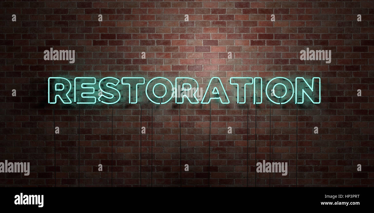 RESTORATION - fluorescent Neon tube Sign on brickwork - Front view - 3D ...