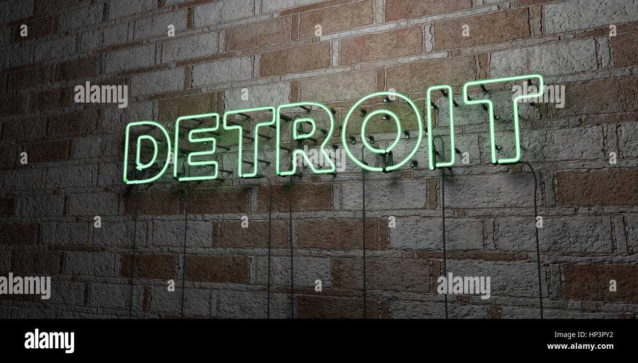 DETROIT - Glowing Neon Sign on stonework wall - 3D rendered royalty ...
