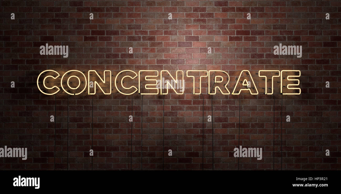 CONCENTRATE - fluorescent Neon tube Sign on brickwork - Front view - 3D ...