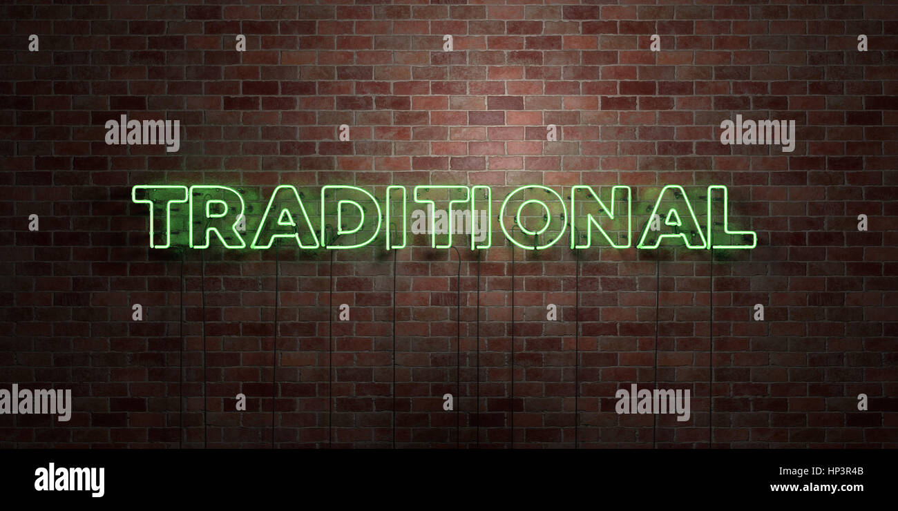TRADITIONAL - fluorescent Neon tube Sign on brickwork - Front view - 3D ...