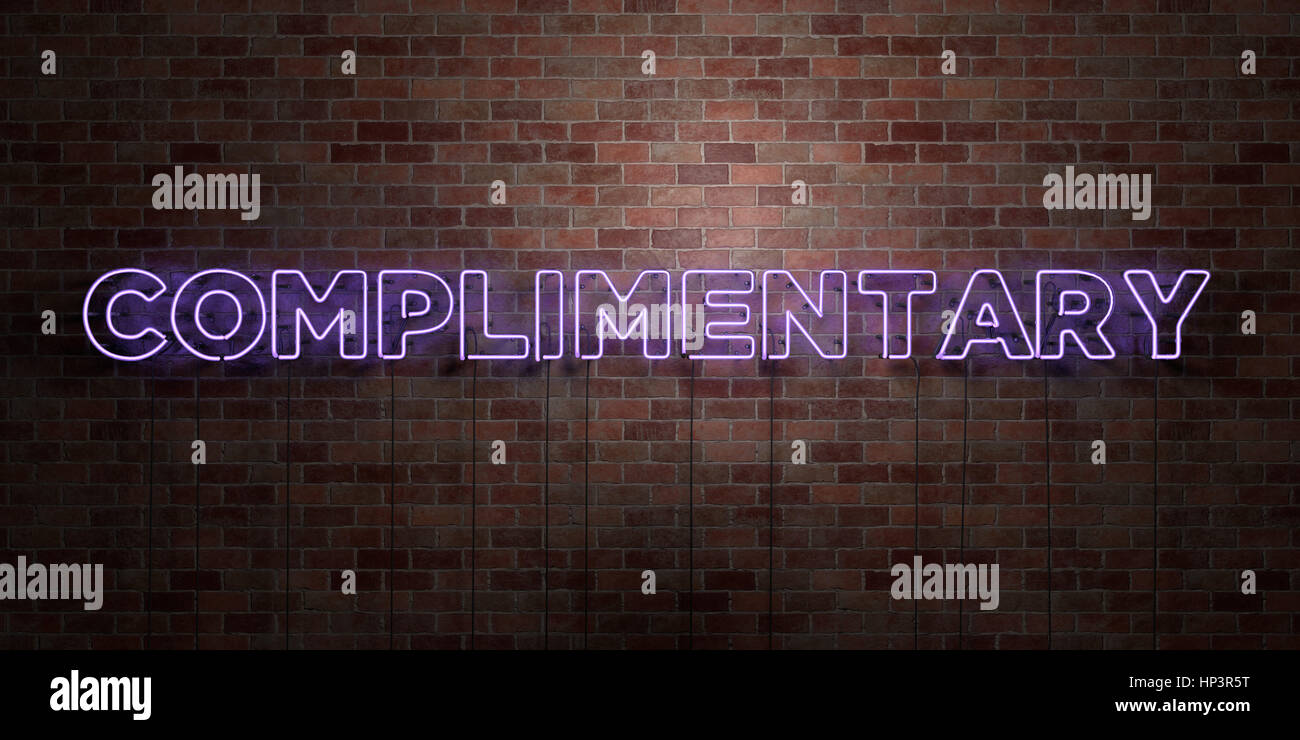 COMPLIMENTARY - fluorescent Neon tube Sign on brickwork - Front view ...