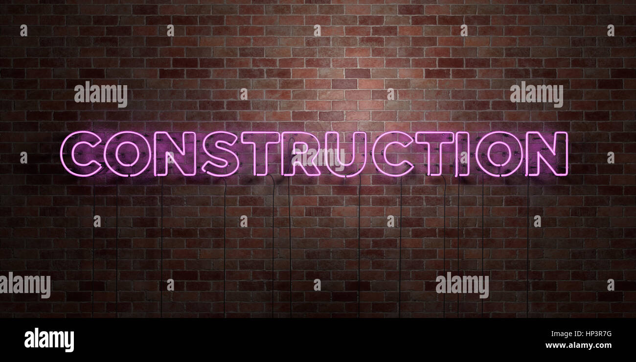 CONSTRUCTION - fluorescent Neon tube Sign on brickwork - Front view ...