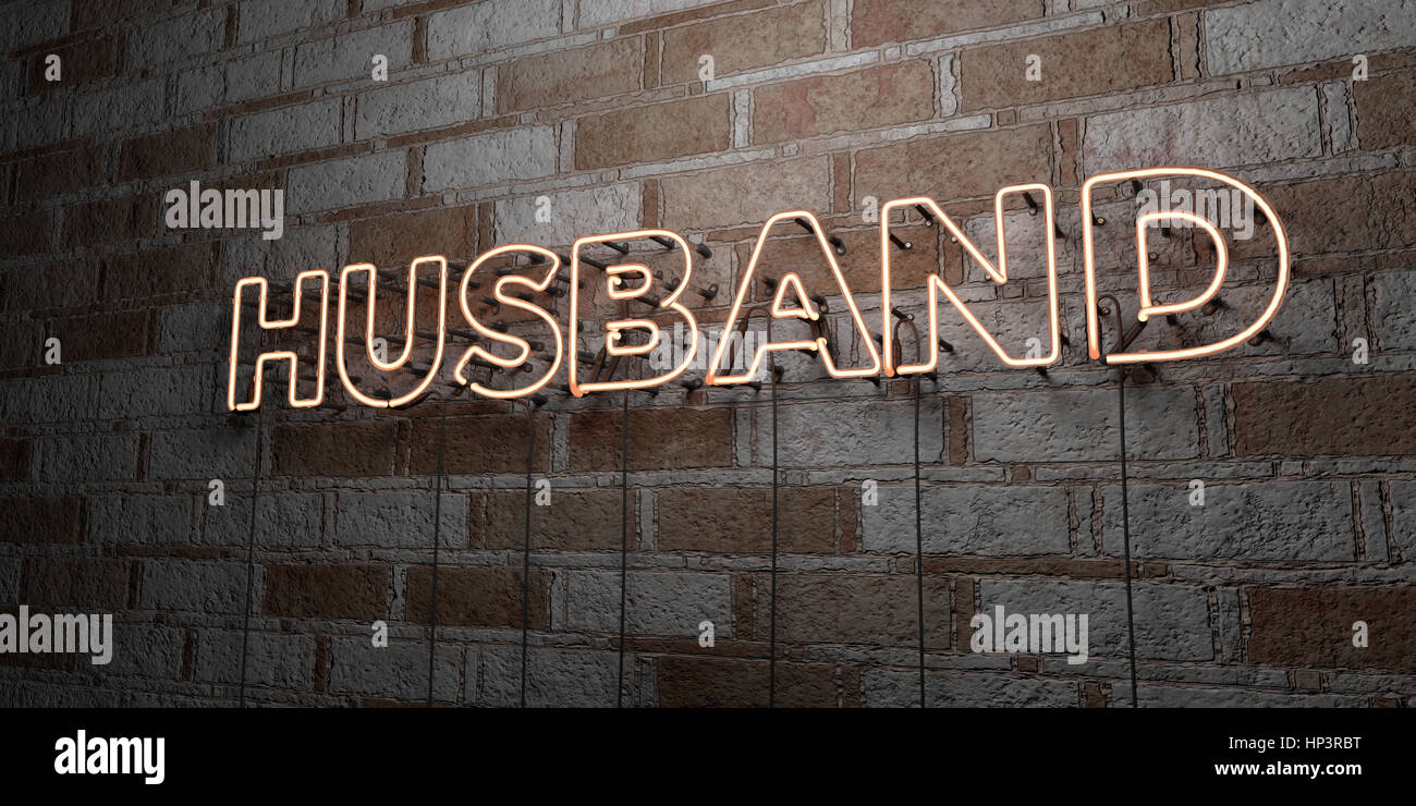 HUSBAND - Glowing Neon Sign on stonework wall - 3D rendered royalty ...