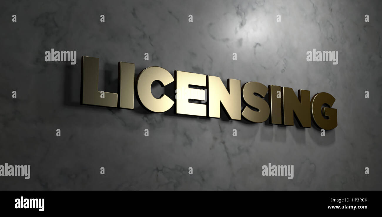 Licensing - Gold sign mounted on glossy marble wall - 3D rendered ...