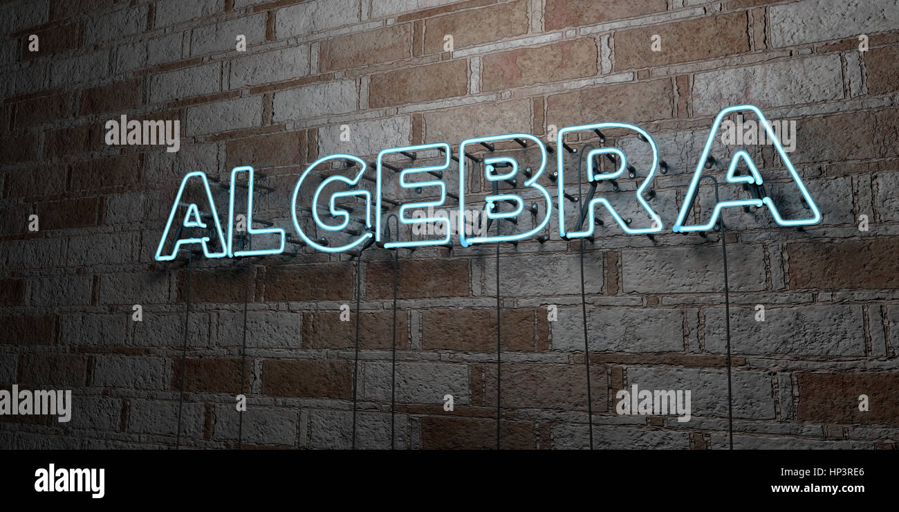 ALGEBRA - Glowing Neon Sign on stonework wall - 3D rendered royalty ...
