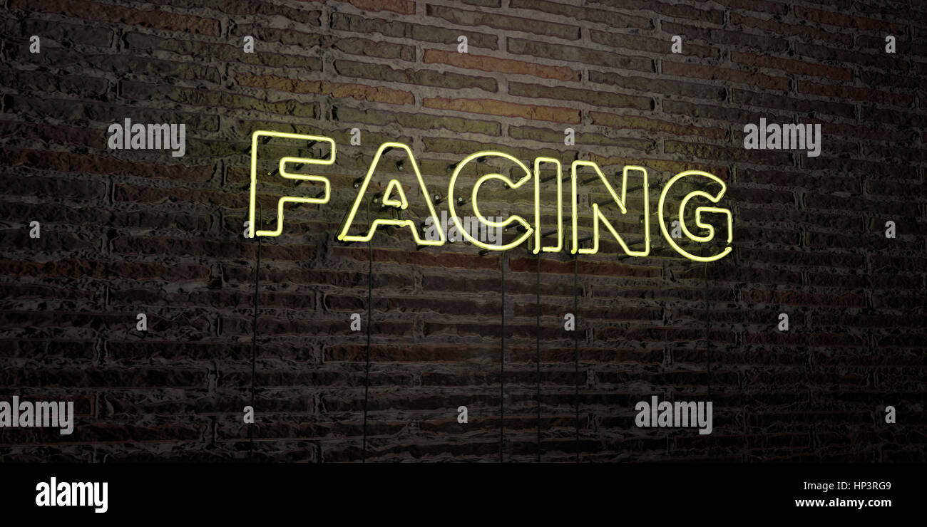 FACING -Realistic Neon Sign on Brick Wall background - 3D rendered ...