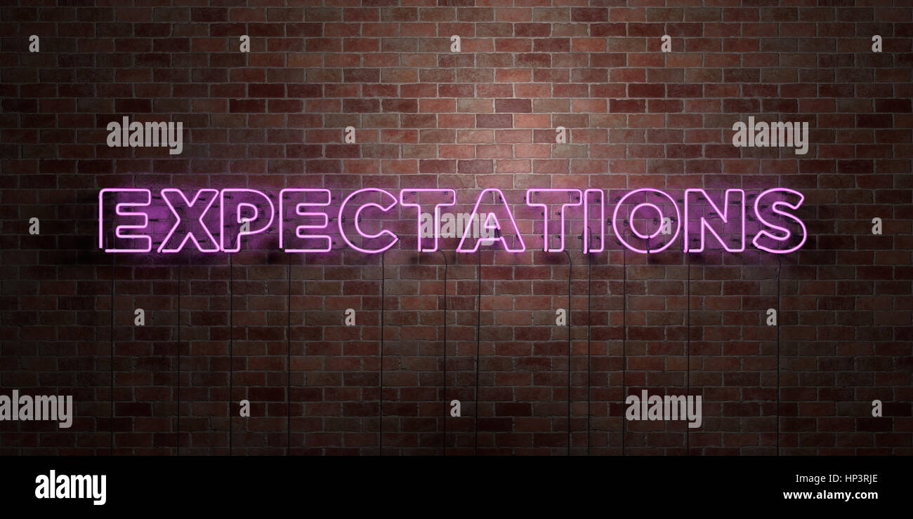 EXPECTATIONS - fluorescent Neon tube Sign on brickwork - Front view ...