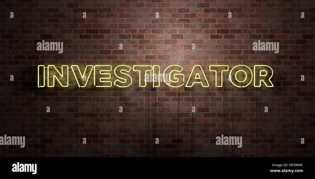 INVESTIGATOR - fluorescent Neon tube Sign on brickwork - Front view ...