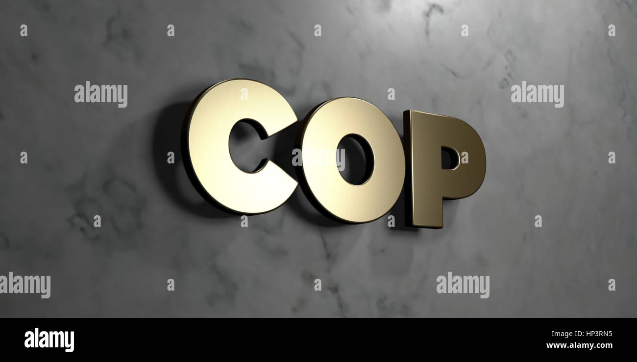 Cop - Gold sign mounted on glossy marble wall - 3D rendered royalty ...