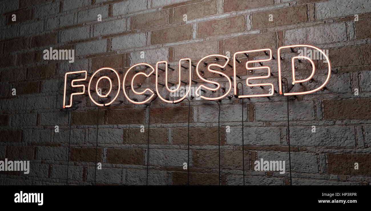 FOCUSED - Glowing Neon Sign on stonework wall - 3D rendered royalty ...