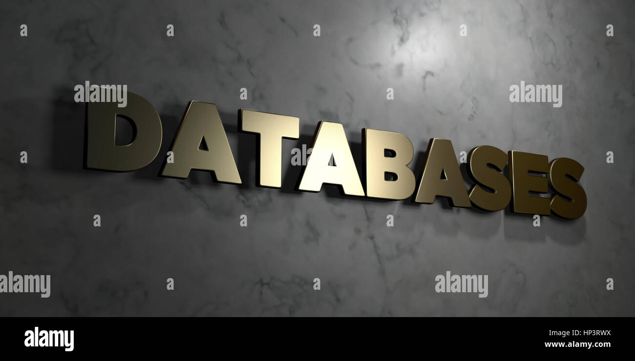 Databases - Gold sign mounted on glossy marble wall - 3D rendered ...