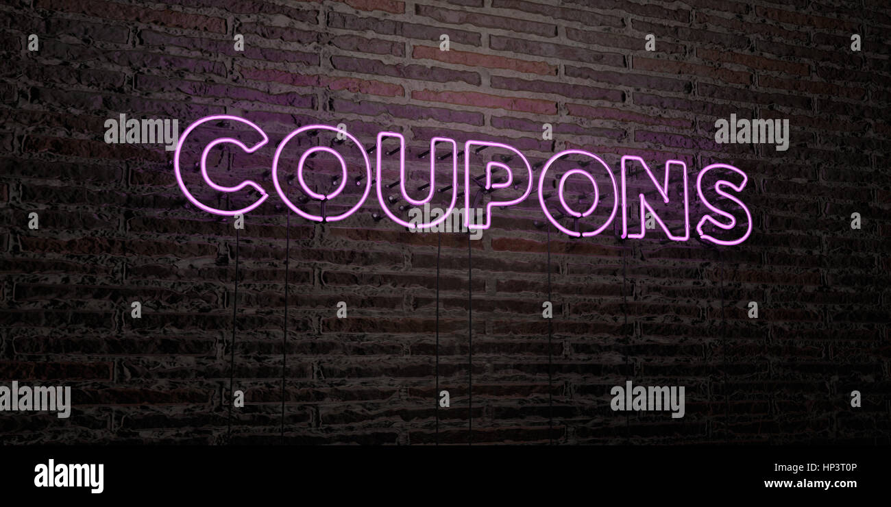 COUPONS -Realistic Neon Sign on Brick Wall background - 3D rendered ...
